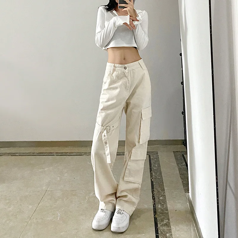 New Fashion Women Solid Color Baggy Jeans High Waist Straight Trousers ...