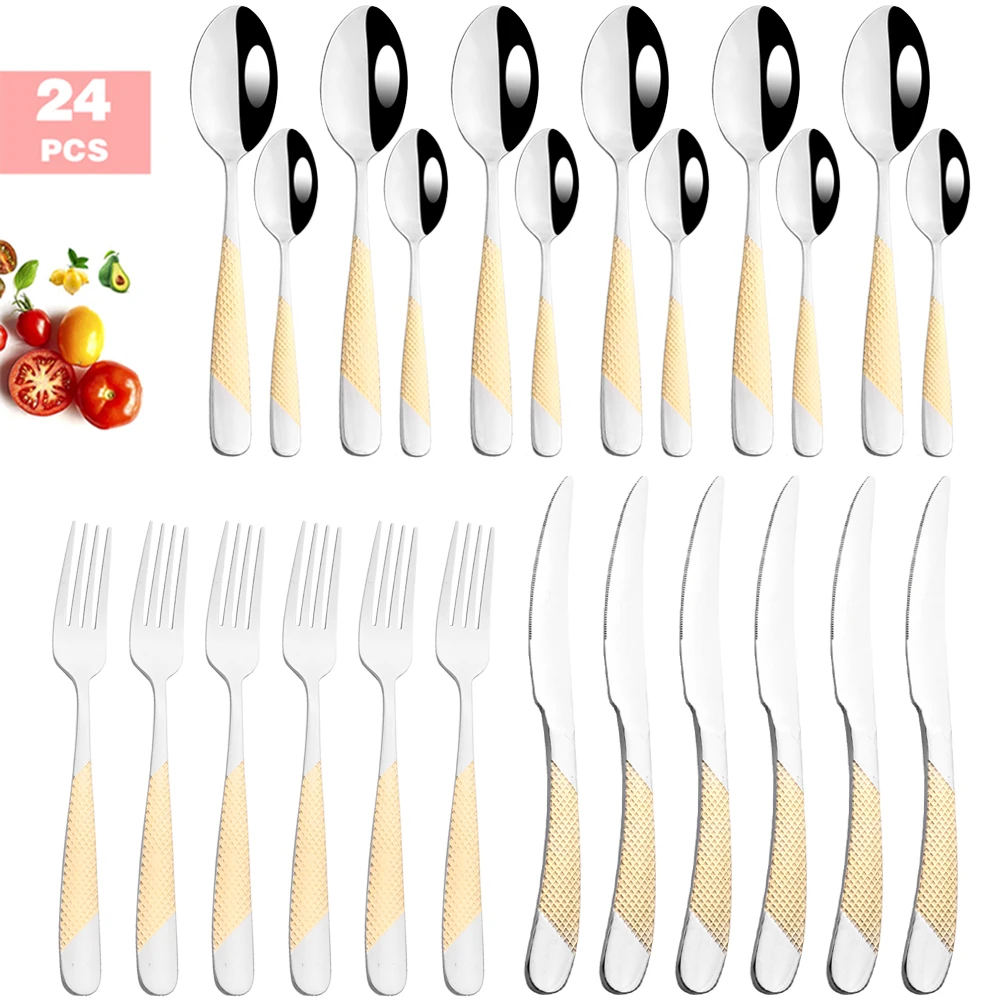 Tableware-16-24Pcs-Silver-Cutlery-Set-Stainless-Steel-Luxury-Dinnerware ...