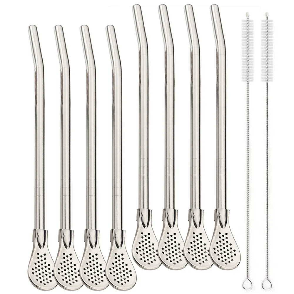 8Pcs Silver Reusable 304 Stainless Steel Drinking Straws Spoon Washable ...