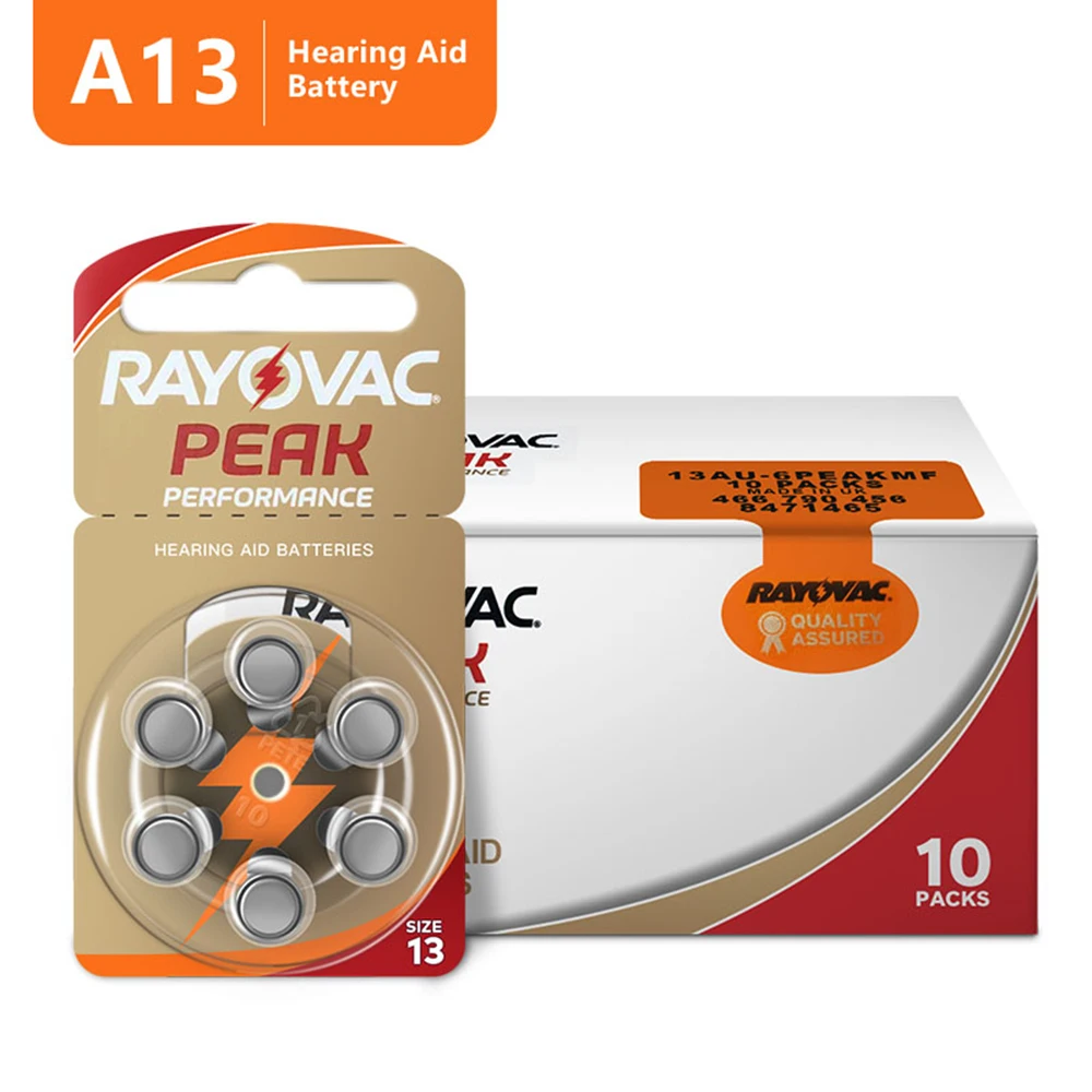60PCS / 10 Cards Hearing Aid Batteries RAYOVAC PEAK 1.45V 13A A13 13 P13 PR48 Zinc Air Battery ...
