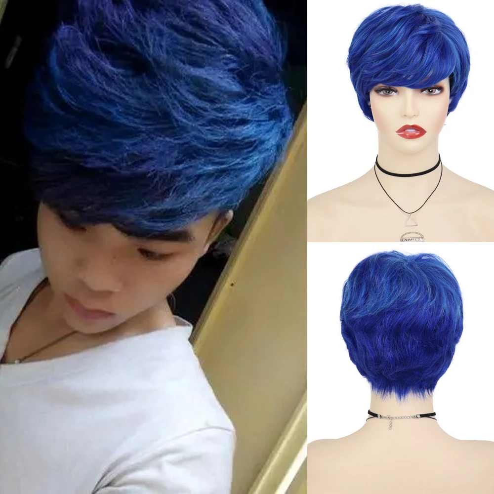 Gnimegil Blue Wigs For Men Synthetic Hair Short Wig With Bangs Cosplay ...