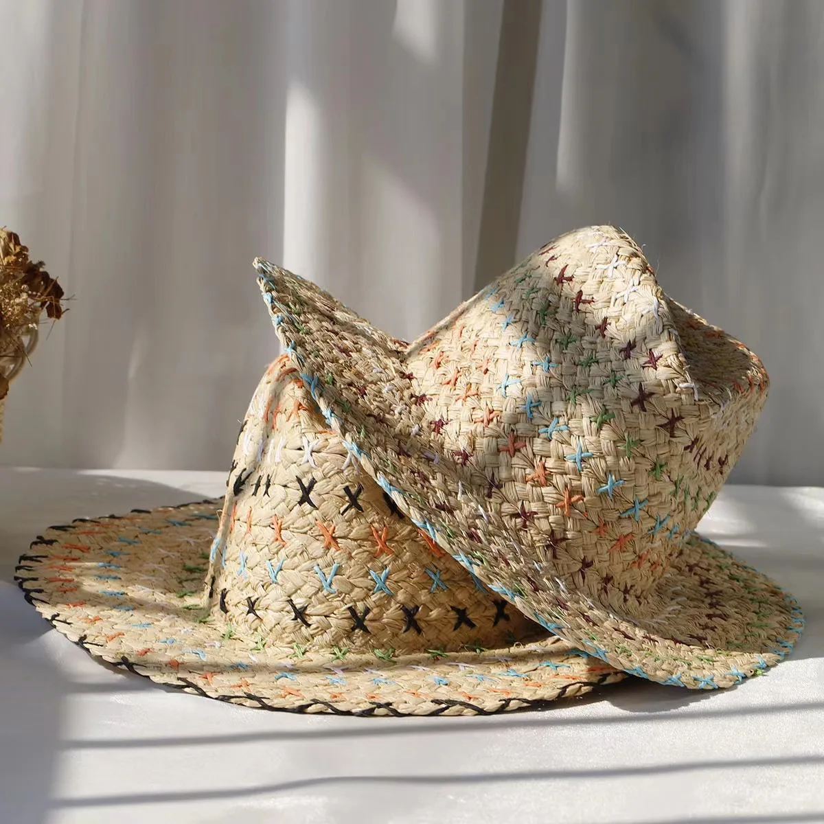 Raffia-straw-hat-for-women-Bohemian-colorful-stitched-straw-hat-ladies-vacation-sun-hat-beach ...