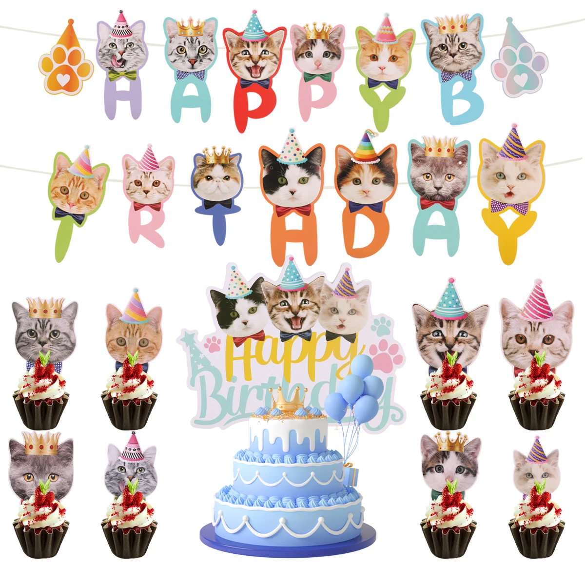 Pet Cats Theme Bunting Banner Pull Wall Flags Happy Birthday Party ...