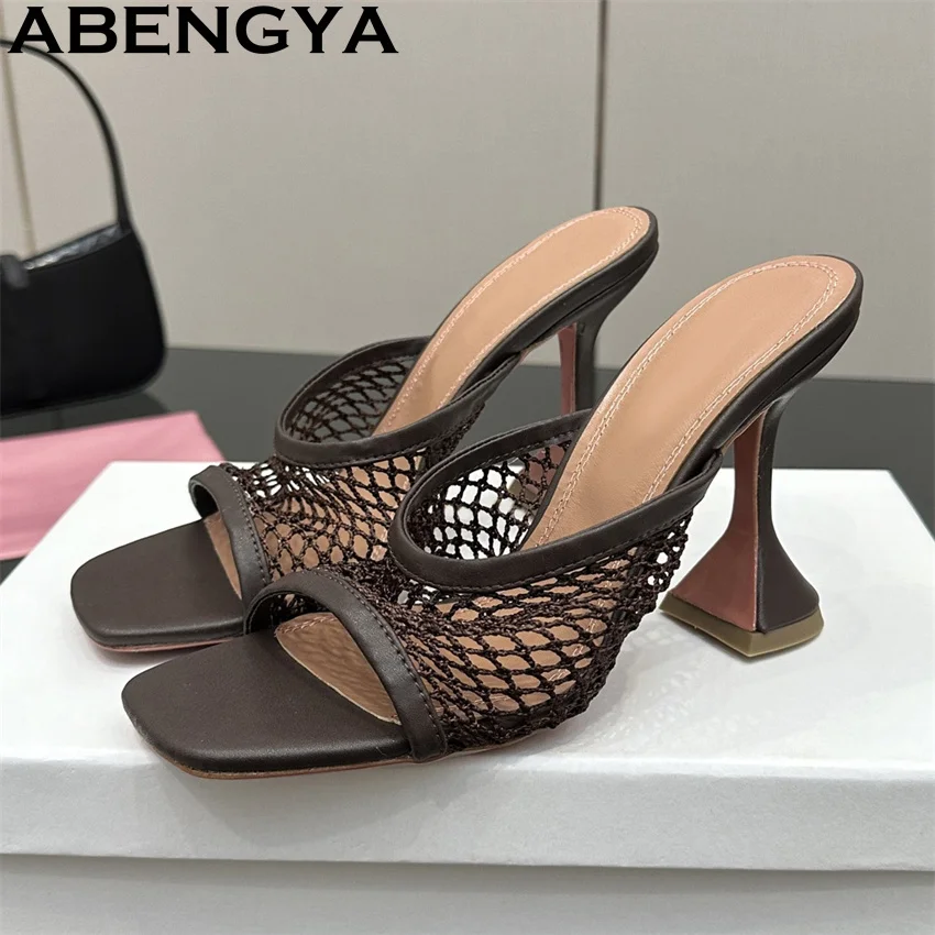 Mesh Square Open Toe Strange Cup Heels Slippers Women Summer Hollow ...