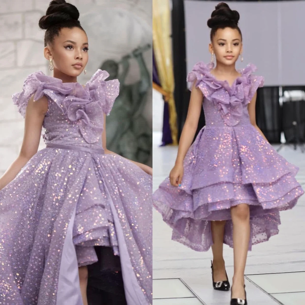 Lavender High Low Girls Birthday Dresses Ruffles Sequined Flower Girl ...