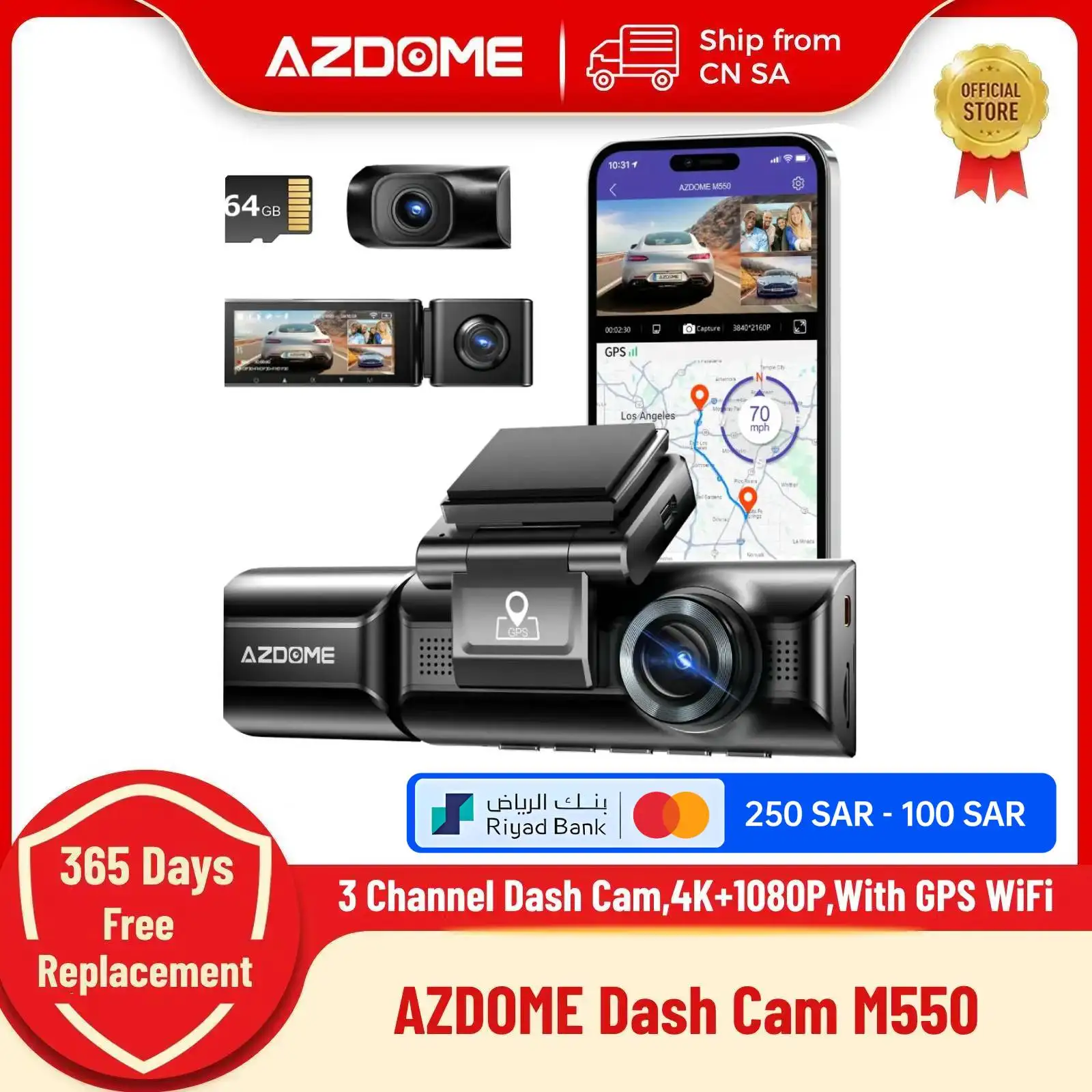 AZDOME-Dash-Cam-M550-4K-1080P-Built-in-GPS-WiFi-Car-Dash-Camera-Front ...