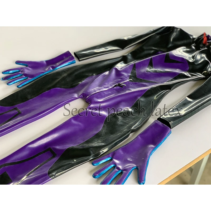Latex Cosplay Bodysuit Black Purple Catsuit With Latex Socks And Gloves ...