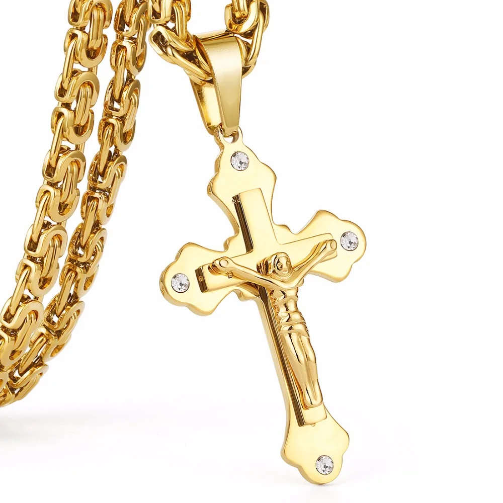 Gold Color Stainless Steel Chain Crystal Jesus Cross Pendant Necklaces ...