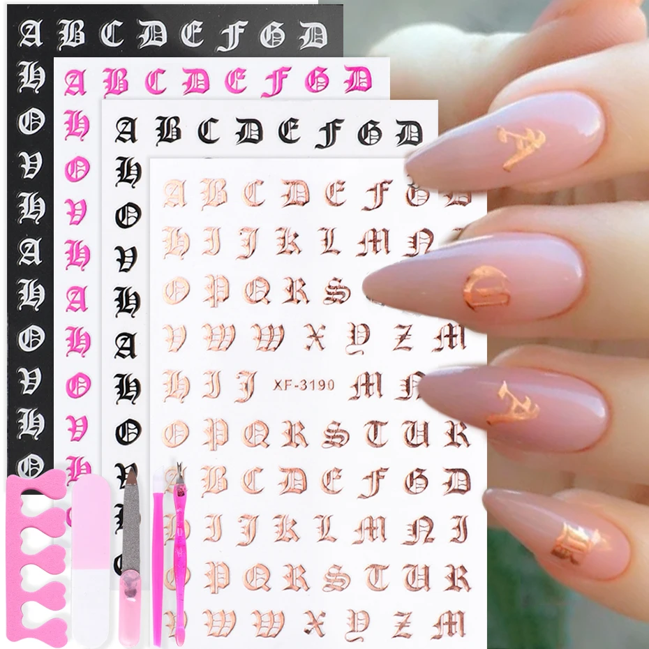 Holographic Alphabet Letter Nail Decal Laser Gold Silver Black English ...