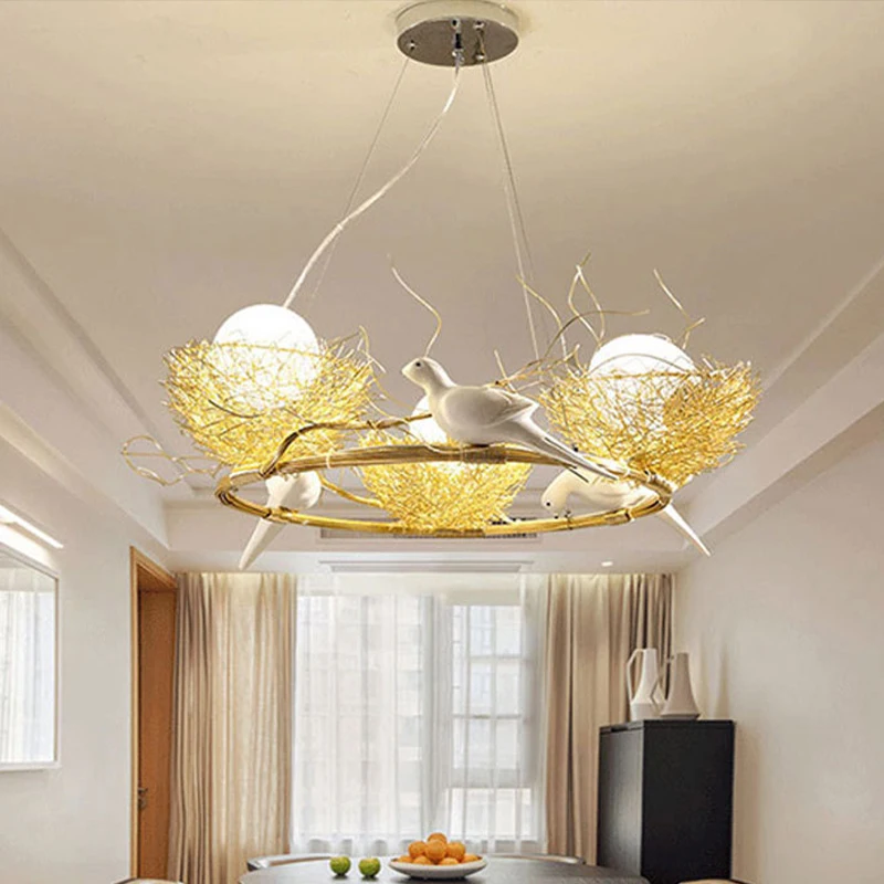 Dining-Room-Bird-Nest-Chandelier-Gold-Led-Round-Ring-Hanging-Light-for ...