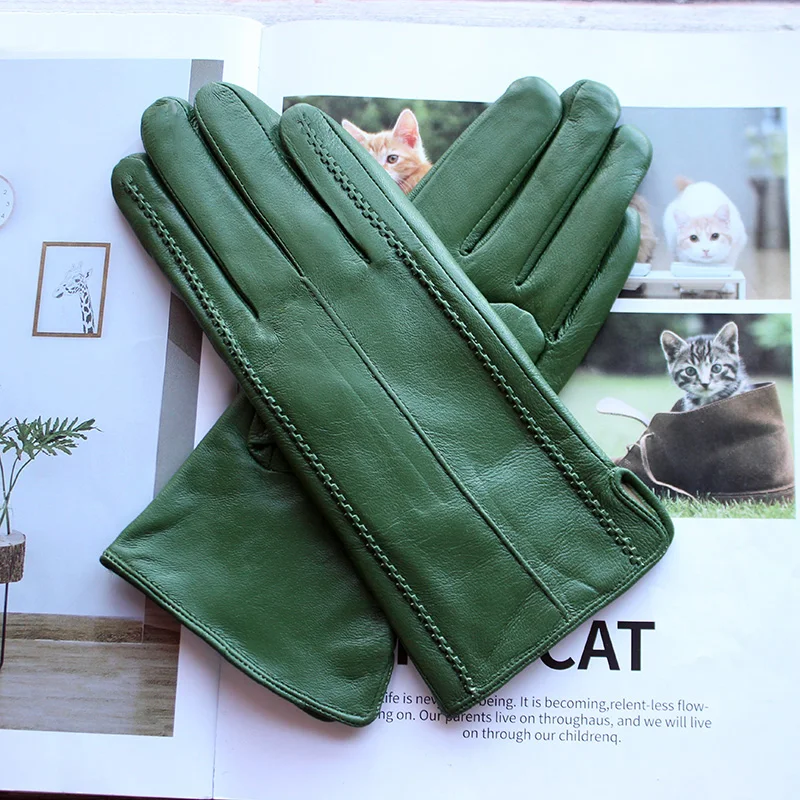 Colored-Leather-Gloves-Women-s-Simple-Fashion-Striped-Style-Velvet ...