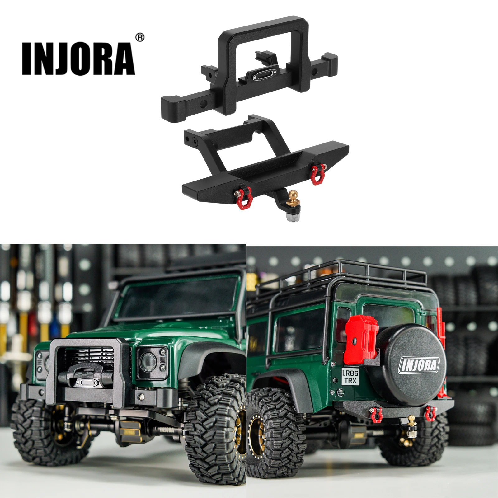 INJORA CNC Aluminum Classic Front Rear Bumper for 1/18 RC Crawler TRX4M Defender Upgrade (4M-44)