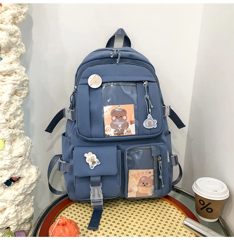 Mochila Kawaii Coreana Negro Rosa con Pines y Peluche para Mujer Niñas ...