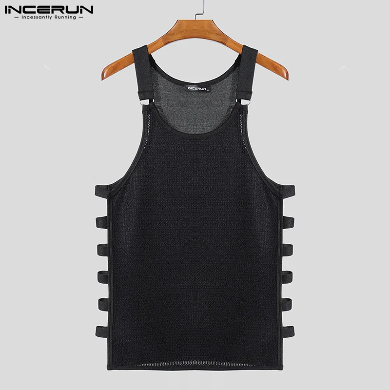 INCERUN Men Tank Tops Solid Color O-neck Sleeveless Male Vests Hollow ...