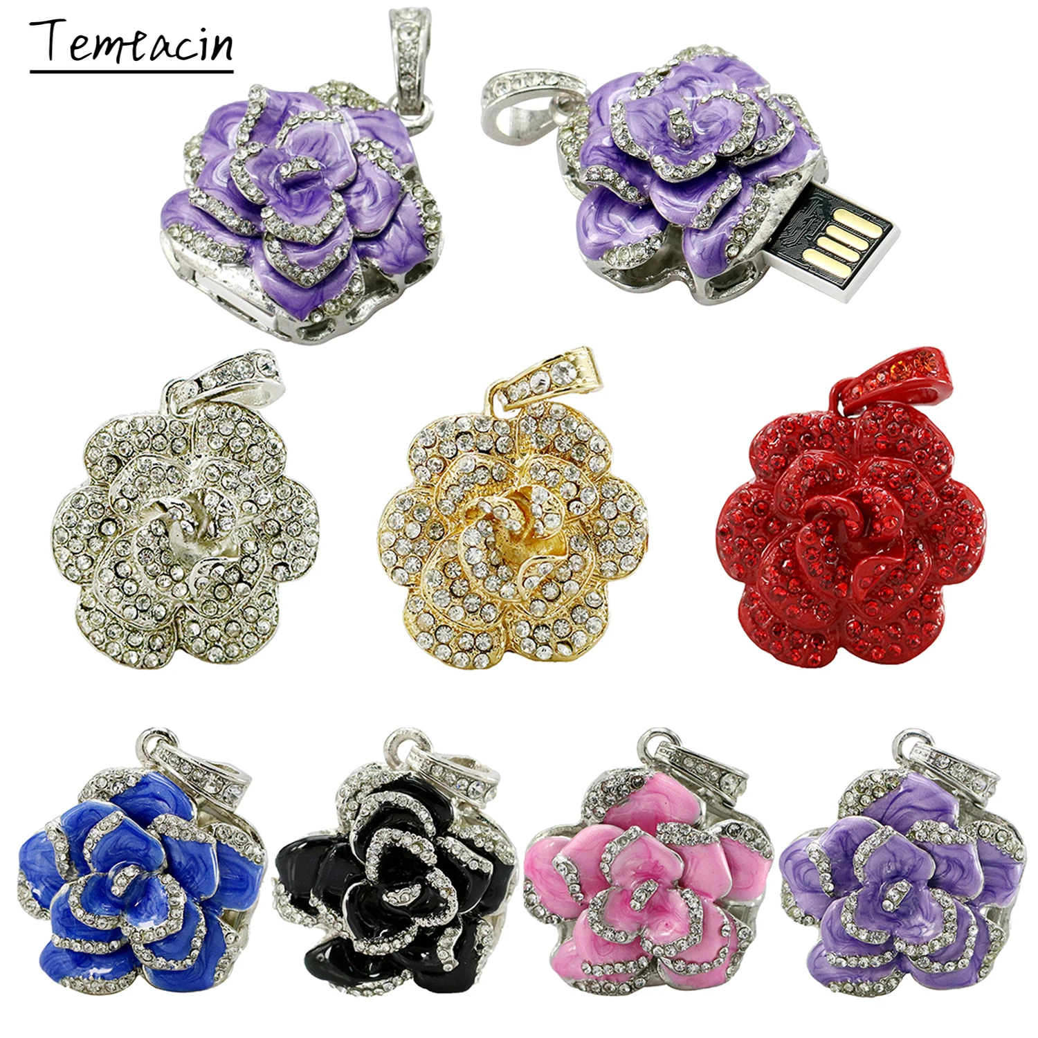 Crystal-Necklace-Pendant-USB-Flash-Drive-256GB-64GB-32G-16G-Rose-Flower ...