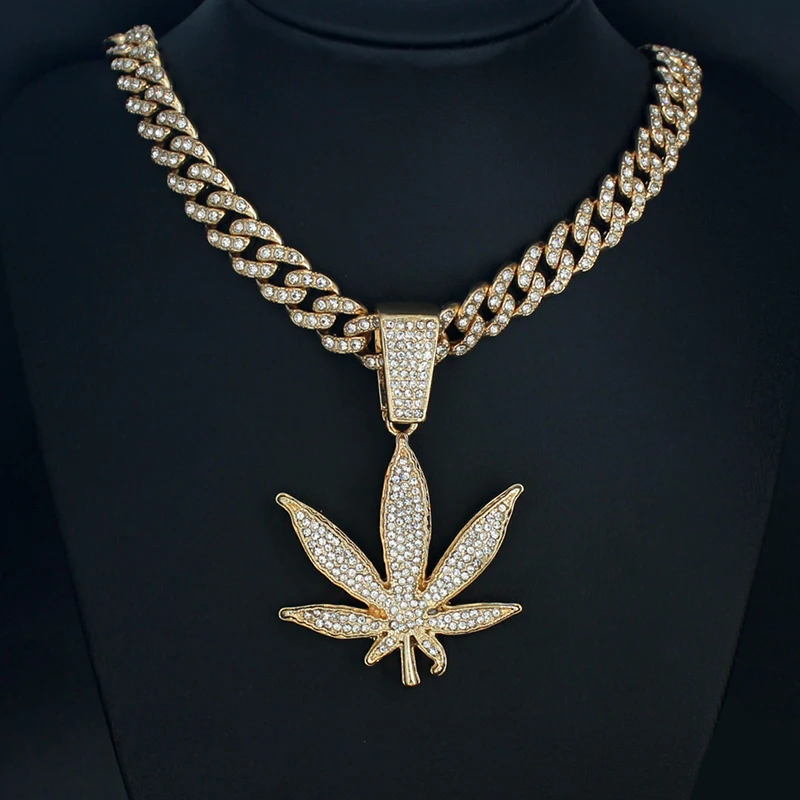 Hip-Hop-Weed-Pot-Leaf-Pendant-Necklace-With-11mm-Iced-Out-Cuban-Chain ...