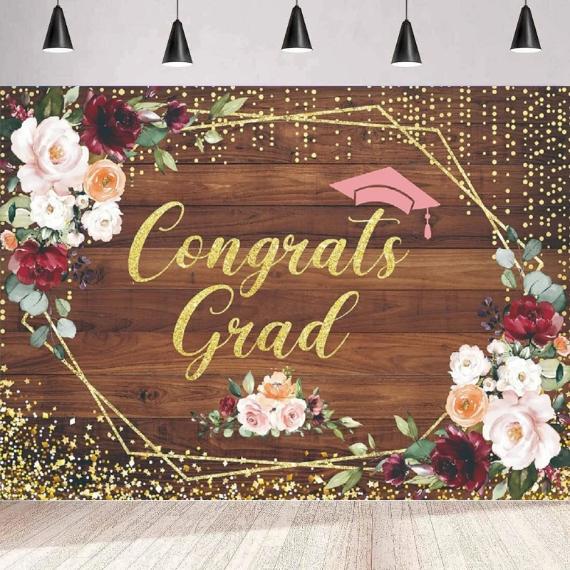 Pink-Floral-Graduation-Photography-Backdrop-Congrats-Grad-Flower-Wooden ...
