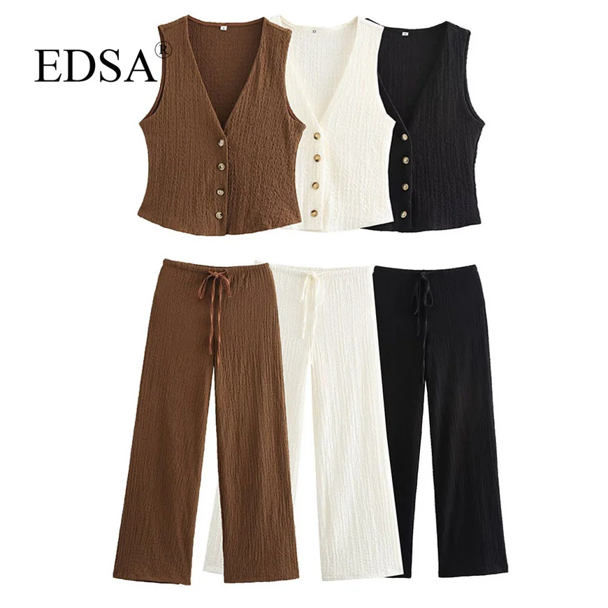EDSA Women 2 Pcs Set V-Neck Single Breasted Solid Texture Casual Vest ...