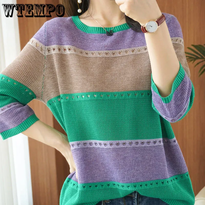 WTEMPO Summer Women Knitted Short Sleeve Lightweight Sweater Female ...