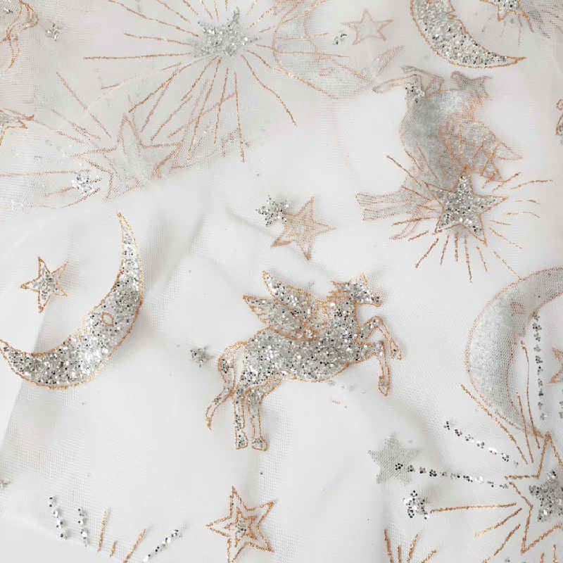 Sparkly Moon Star Celestial Mesh Fabric Glitter Falls Shiny Lace Tulle ...