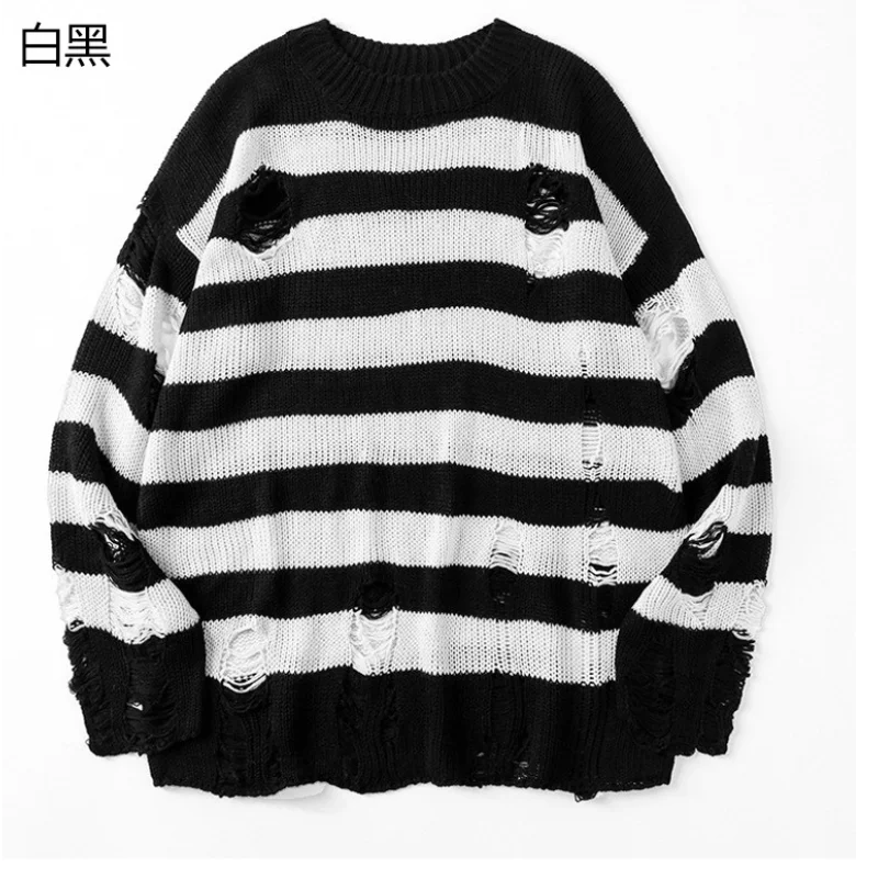 Couple Distressed Knit Sweater Trendy Round Neck Striped Pullover ...