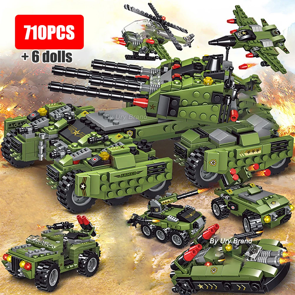 710PCS-Military-MOC-DIY-6in1-SWAT-WW2-Tank-Plane-Building-Blocks-Vehicle-Model-Mini-Soldiers ...
