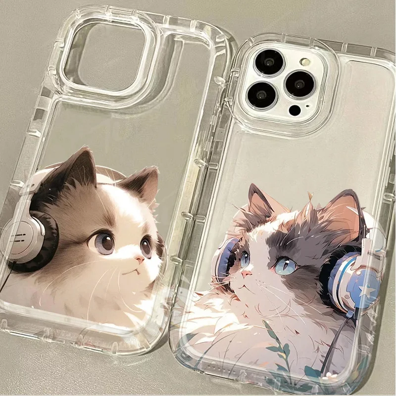 Lovely Music Cat Clear Phone Case for Samsung Galaxy S24 Ultra S23 S22 ...