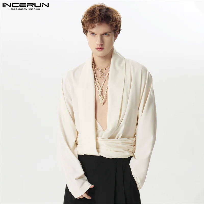 Men's Irregular Shirt Solid Color Deep V Neck Long Sleeve Casual Men ...