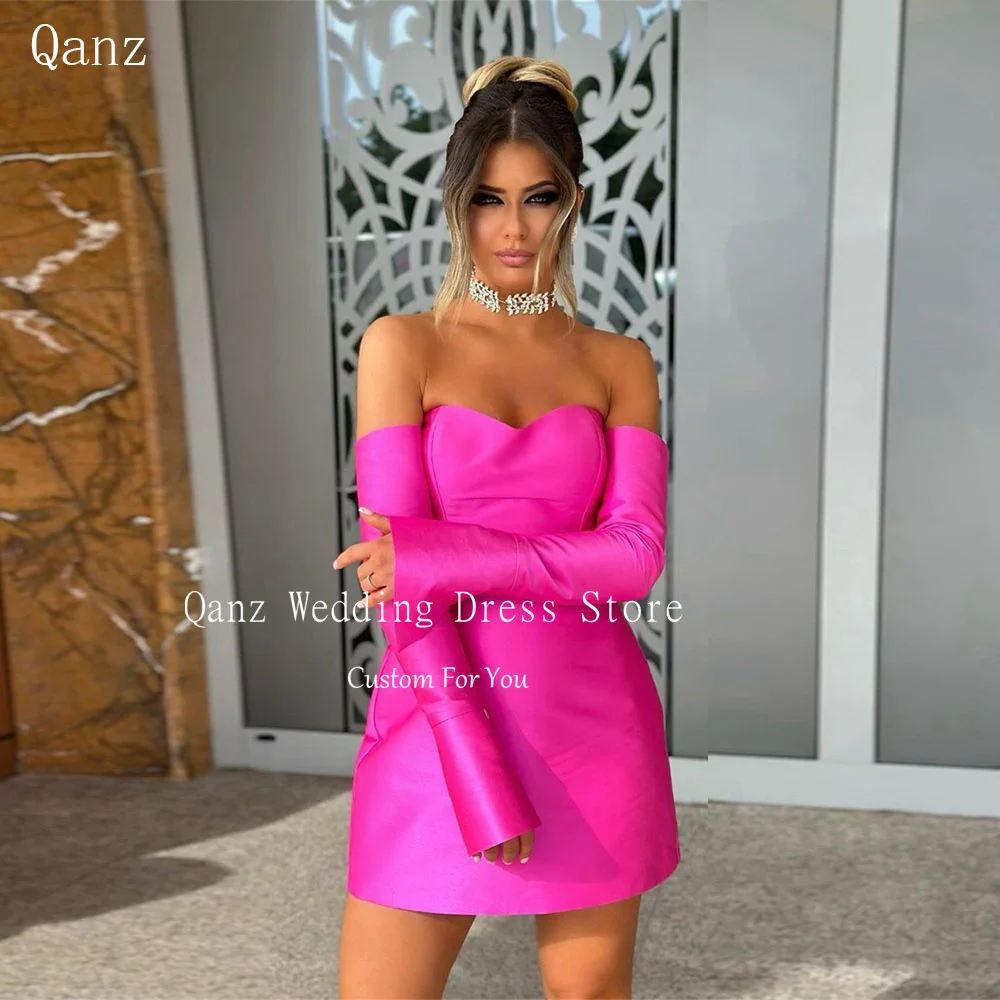 Qanz-Hot-Pink-Party-Dresses-Removable-Sleeves-Mini-Satin-Cocktail ...