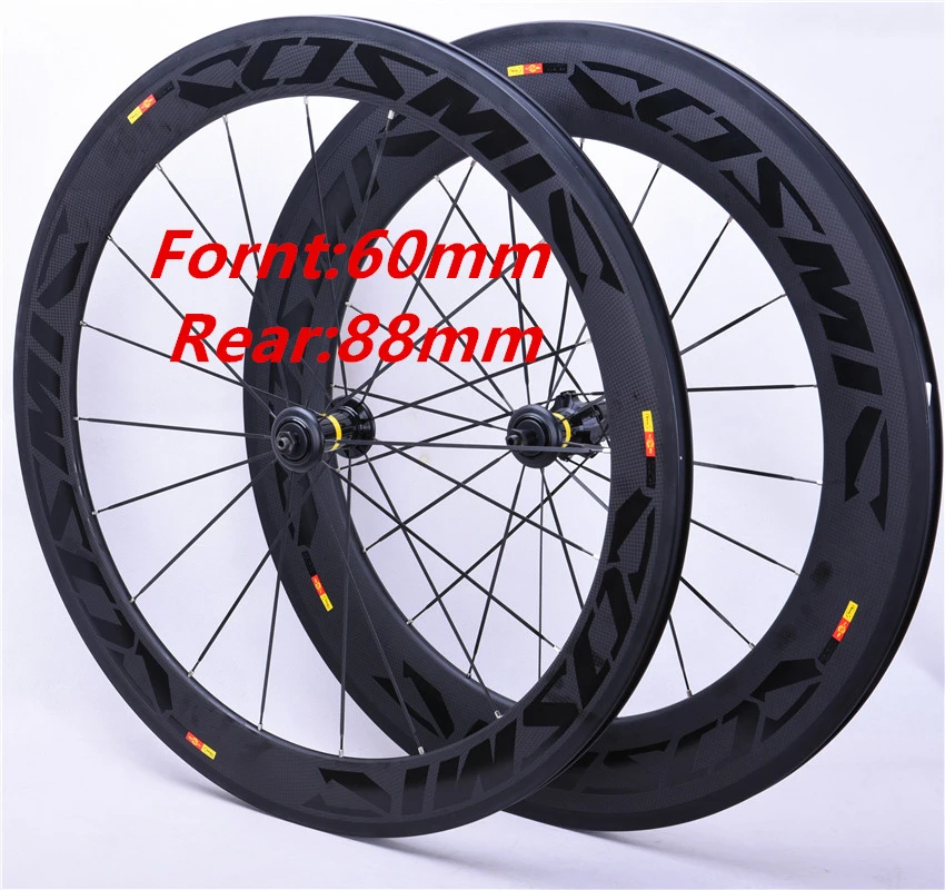 Newest 700C front 60mm+rear 88mm Road bike 3K full carbon fibre bicycle wheelset carbon clincher ...