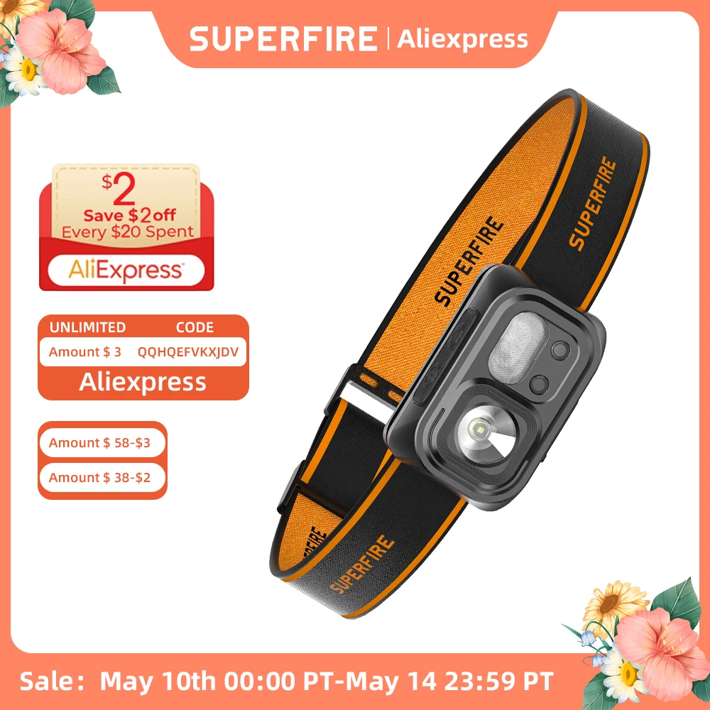 SUPERFIRE Mini Rechargeable Powerful Headlamp Hiking Camping USB C Head ...