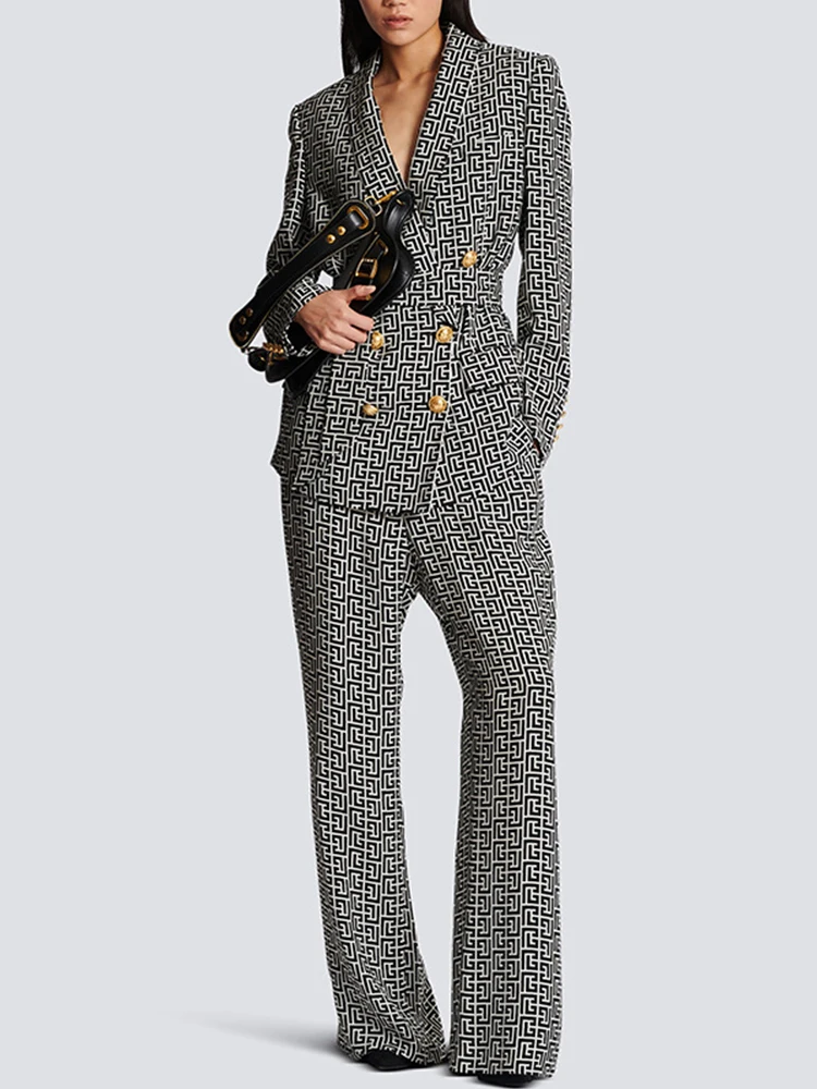 Labyrinth-Print-Pant-Suits-Women-New-Double-Breasted-Mid-Length ...