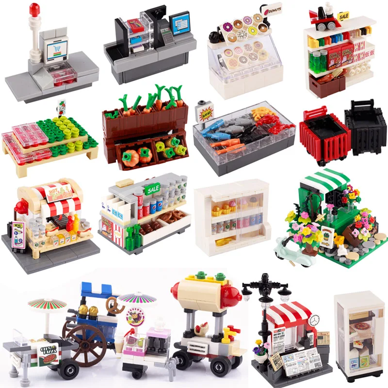 MOC şehir Mini mimarisi sokak görünümü modeli yapı taşları minyatür Dollhouse gıda süpermarket ...