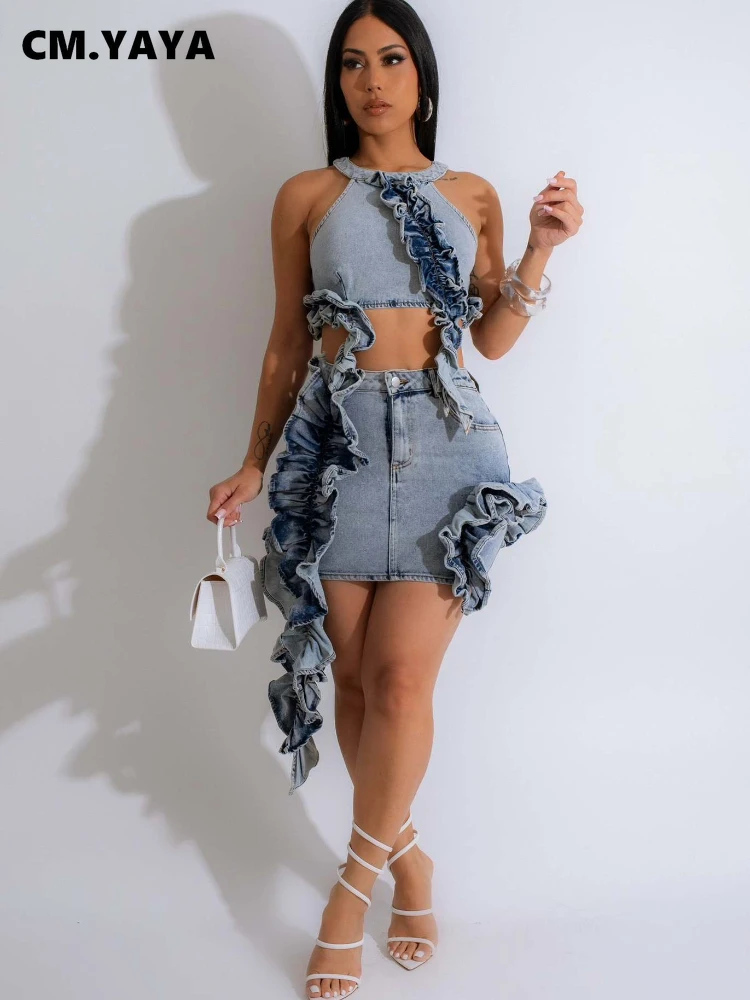 CM-YAYA-Denim-Women-s-Set-Sleeveless-Selvedge-Elastic-Washed-Crop-Top ...