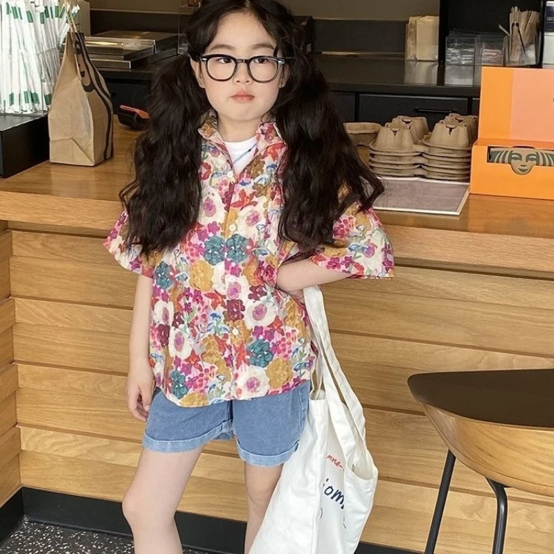 Kids Girls Summer Floral Shirt Korean Hong Kong Style Short Sleeve ...