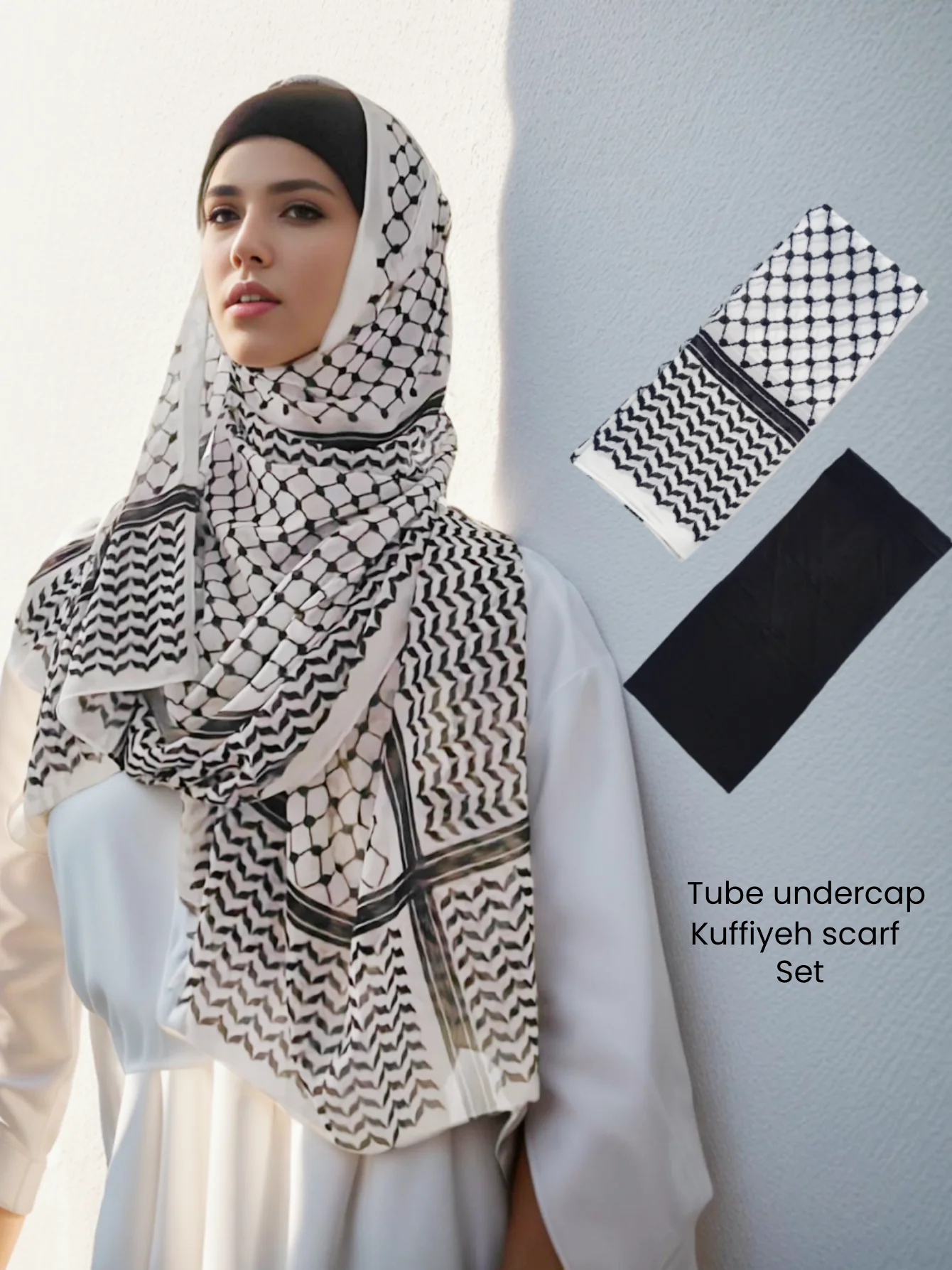 2pcs Women Keffiyeh with Tube Set Chiffon Print Shawl Echarpe Keffyeh ...