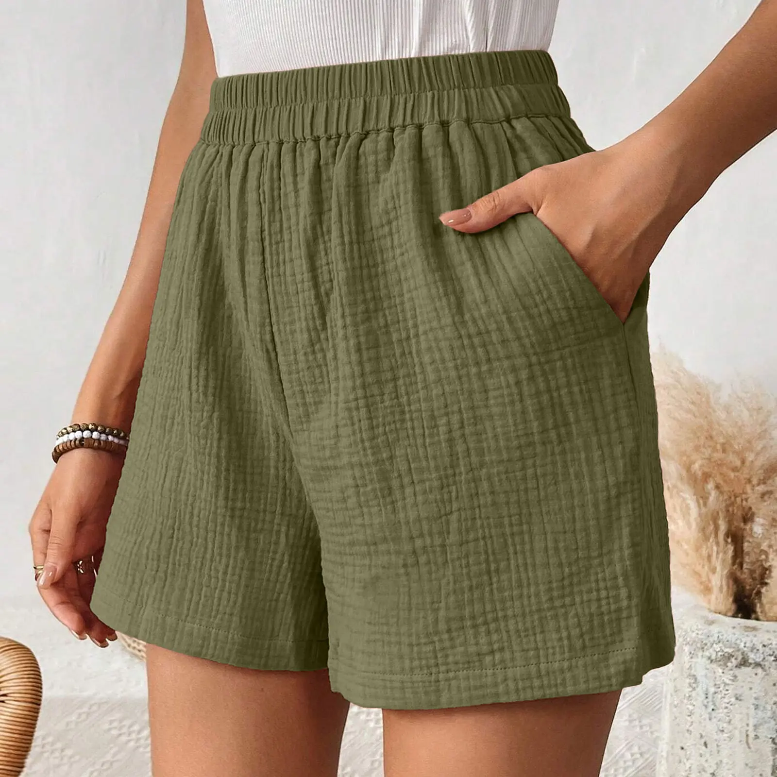 Women-s-Double-Layered-Cotton-Pleats-Shorts-Straight-Leg-Casual-Pants ...