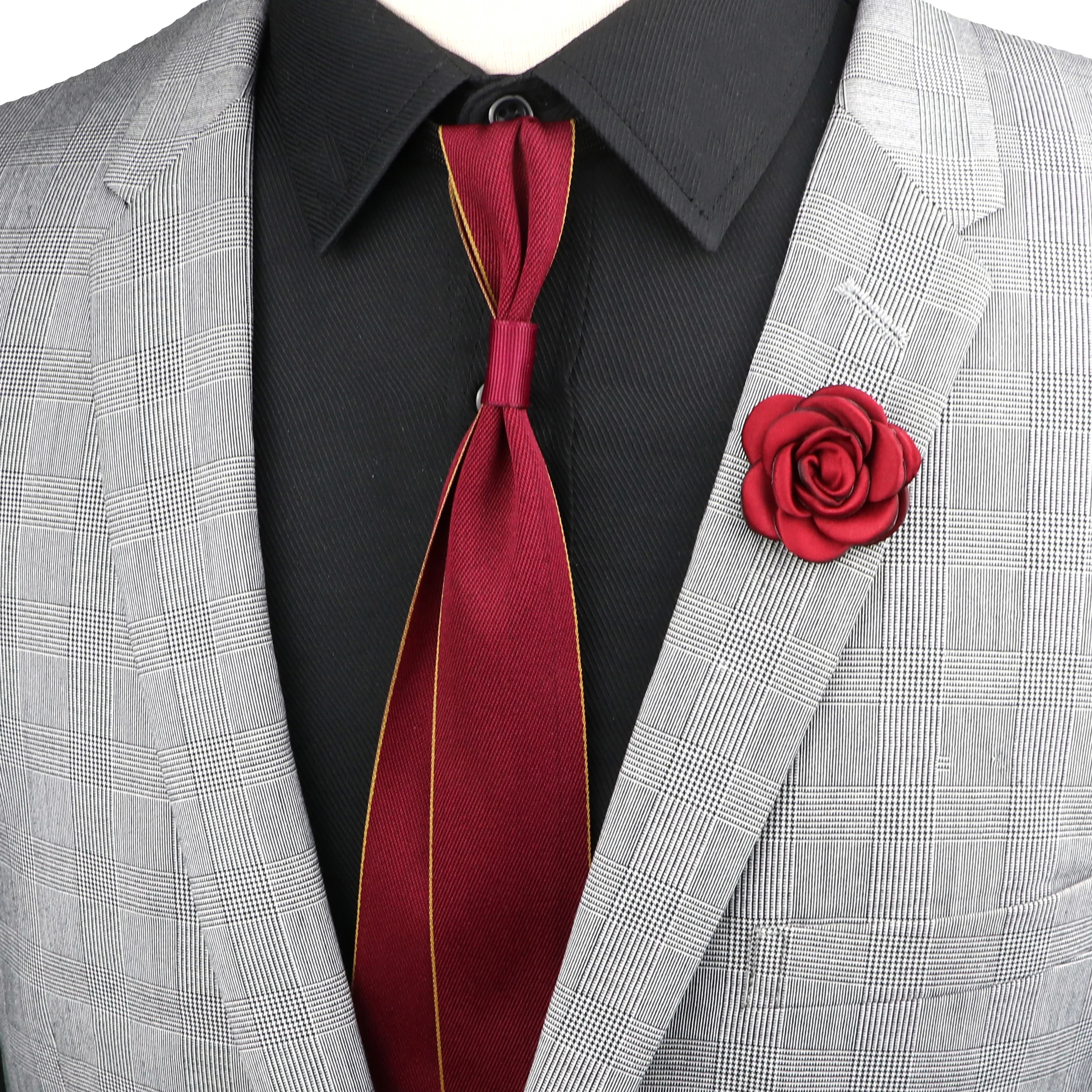 WinE Red Neck Ties Floral Brooch Set For Men Solid Color Wedding Narrow ...