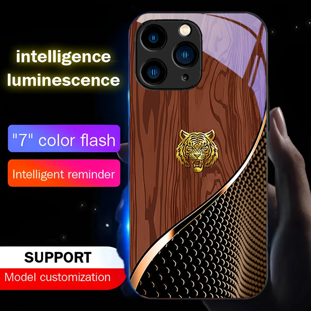 Wood Grain Golden Tiger Logo Led Light Phone Case Call Flash Glitter ...