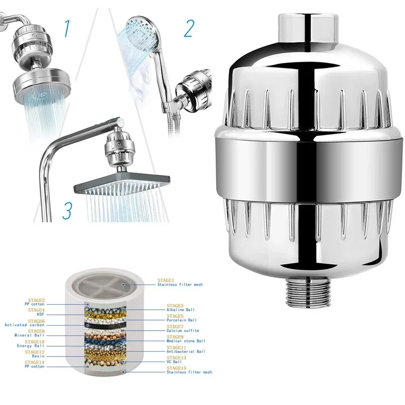 15 Stages Shower Water Filter Remove Chlorine Heavy Metals Filtered ...