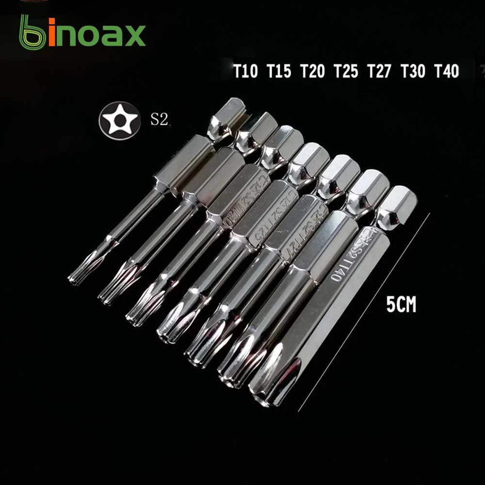 7 Pcs 50mm S2 Magnetic 5 Point Torx Screwdriver Bits 1/4" Hex Shank T10 T15 T20 T25 T27 T30 T40