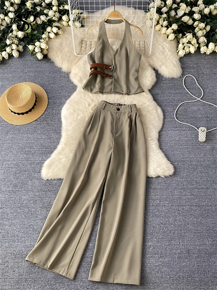 Singreiny Temperament Ol Women Suits Halter Belts Short Tops Loose Long