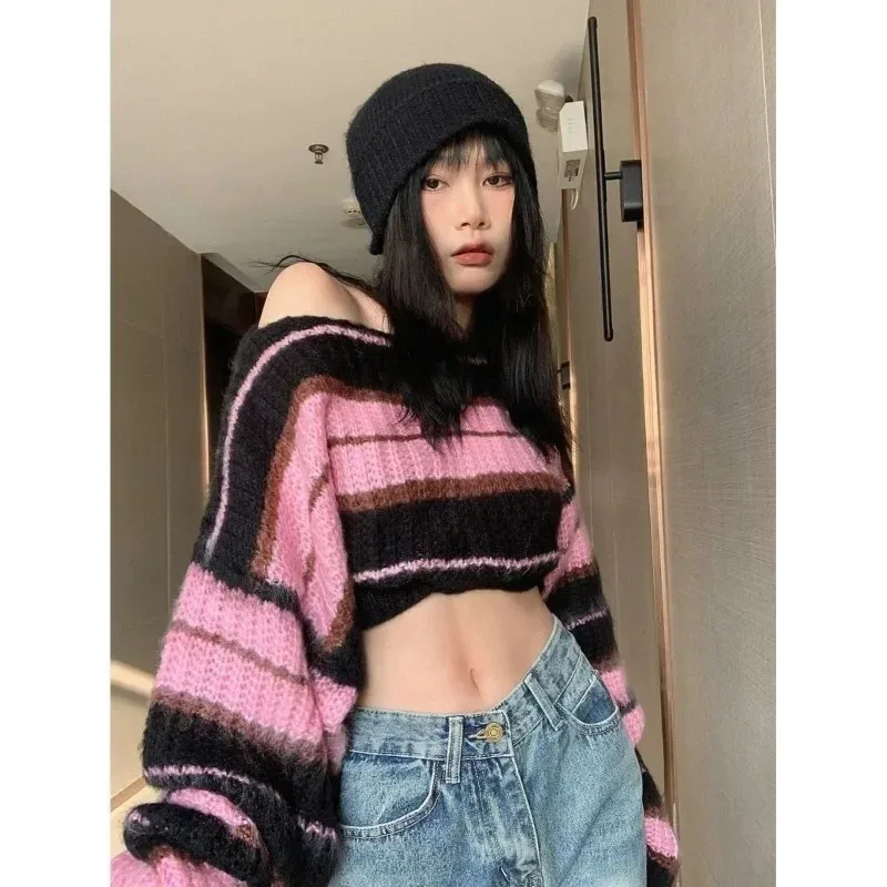 ZMZBCCH Autumn Y2K New Korean Style Pink Cropped Sweater Women Striped ...