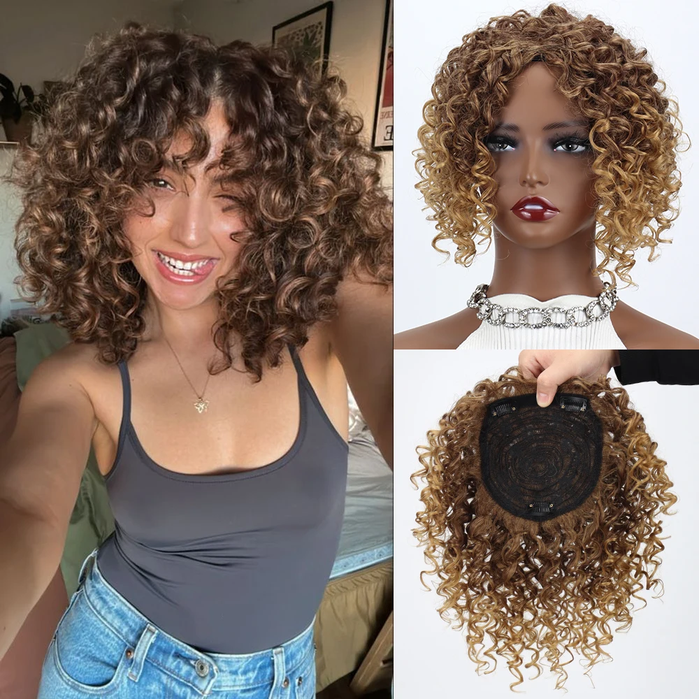 Synthetic-Short-Afro-Curly-Hair-Toppers-Brown-Blonde-Mixed-Color-Hair ...