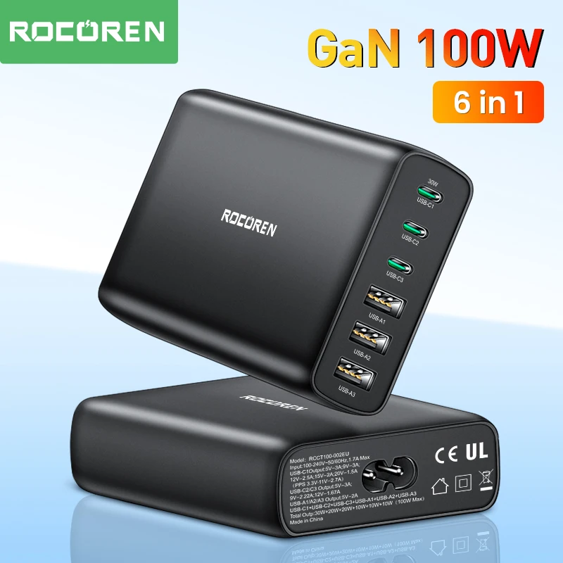 Rocoren 100w carregador gan 6 portas usb tipo c pd carregador rápido carga rápida 4.0 3.0 usb ...