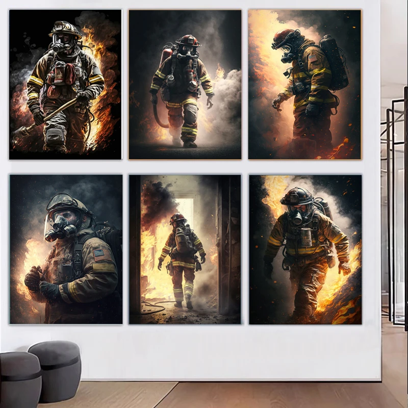 Fireman-Hero-Portrait-Poster-Print-Canvas-Painting-Firefighter-Wall-Art ...