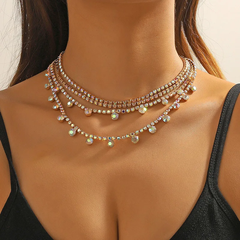 FYUAN-Luxury-Crystal-Chokers-Necklaces-for-Women-Multilayer-Rhinestone-Chain-Necklaces-Ladies ...