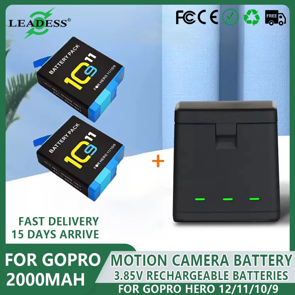 For GoPro Hero 12/11/10/9 2000mAh Rechargeable Battery Motion Camera ...