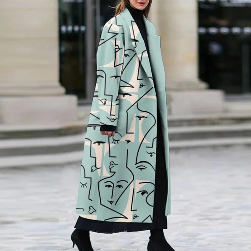 Fashion Printed Wool Coat Lapel Warm Coats