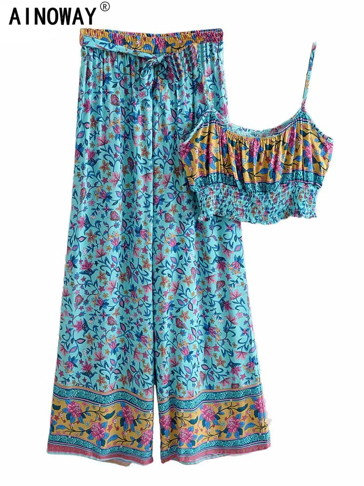 Vintage Chic Women Two Piece Floral Outfits Strap Sleeveless Tops ...